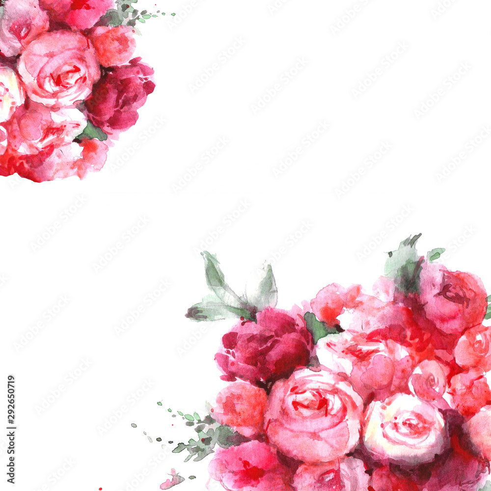 Pink Rose flowers corner background. Watercolor design template for ...