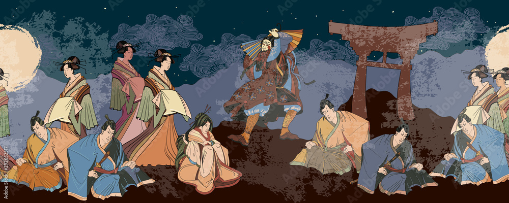 Japanese horizontal seamless pattern. Kabuki actors. Medieval Japan ...