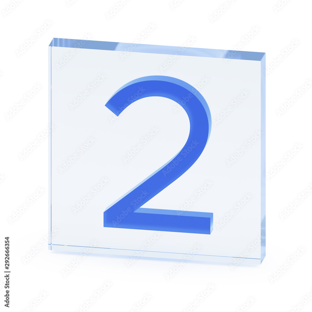 Clear transparent glass or plexiglass display with mathematical digit 2 ...