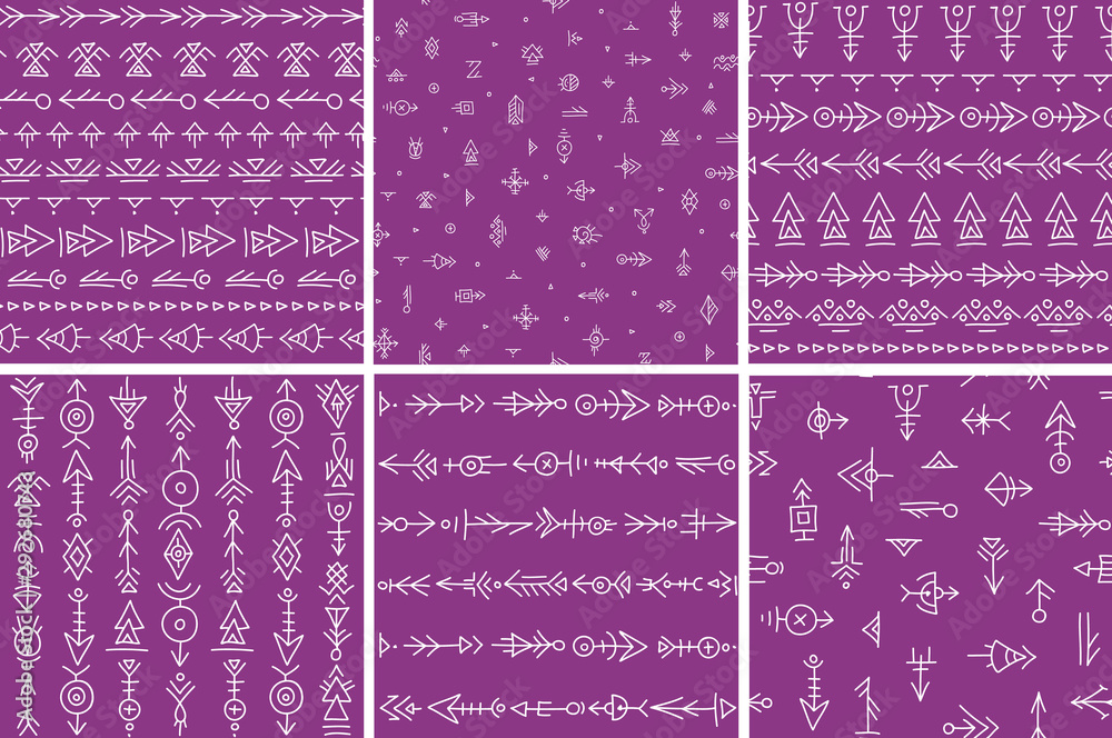 Set of seamless patterns in ethno style. Boho backgrounds. Vector tribal patterns. Collection of ...