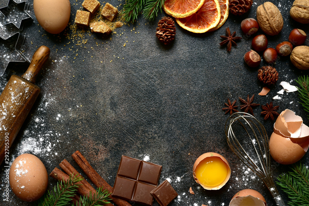 Christmas culinary background with ingredients and props for baking ...