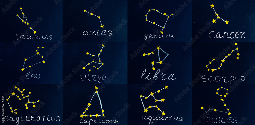 constellations of zodiac signs drawn in chalk and sequins in the form ...