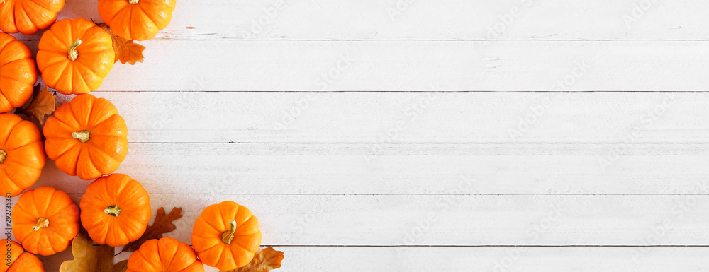Autumn pumpkin and leaf side border banner over a rustic white wood ...
