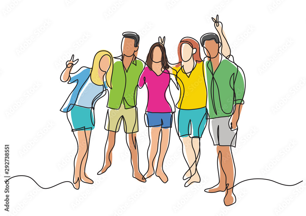 continuous line drawing of happy group of friends on beach Stock Vector ...