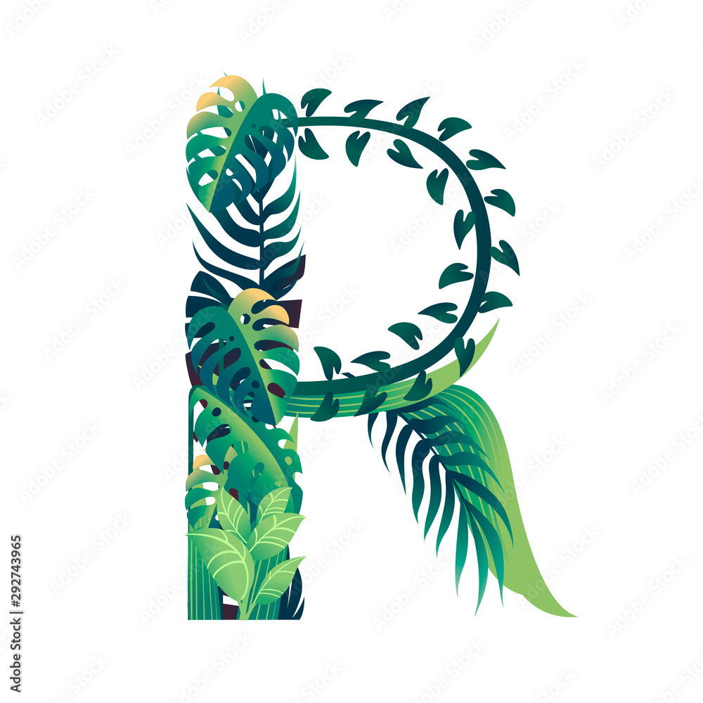 Leaf letter R with diffirent types of green leaves and foliage flat ...