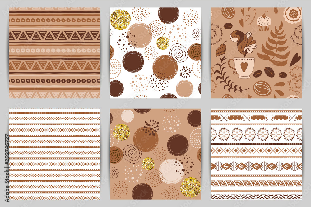 Coffee background seamless pattern set. Brown pattern with hand drawn ...