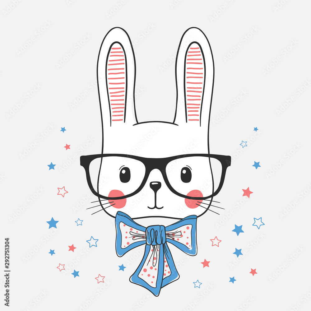 Cute baby rabbit boy face with bow tie, glasses. Cartoon vector ...