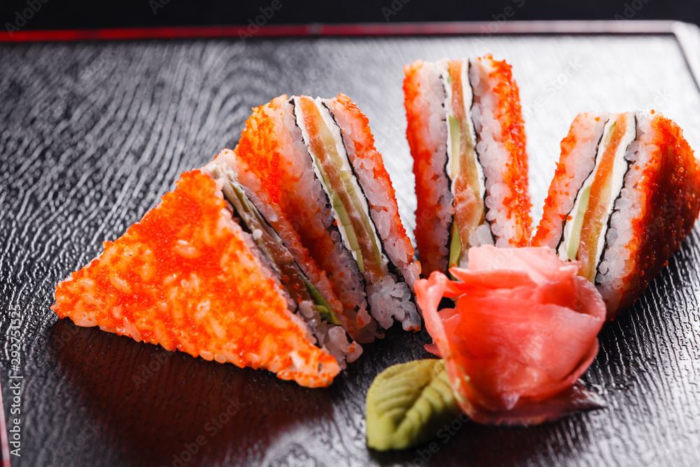 Triangular pieces. Japanese food, tasty of meal for lunch. Seafood ...