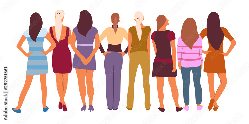 vector illustration group of back view people group, girl, female and ...