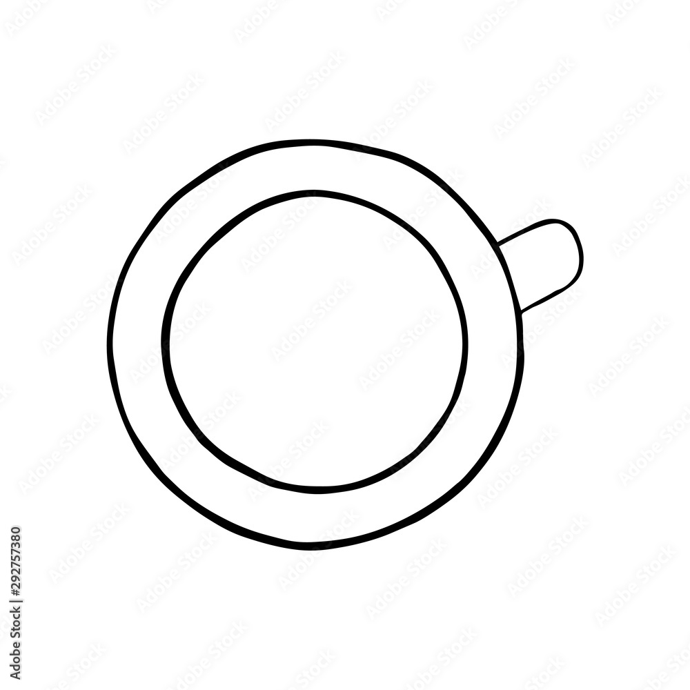Coffee or thee cup, top view. Hand drawing sketch. Black outline on ...