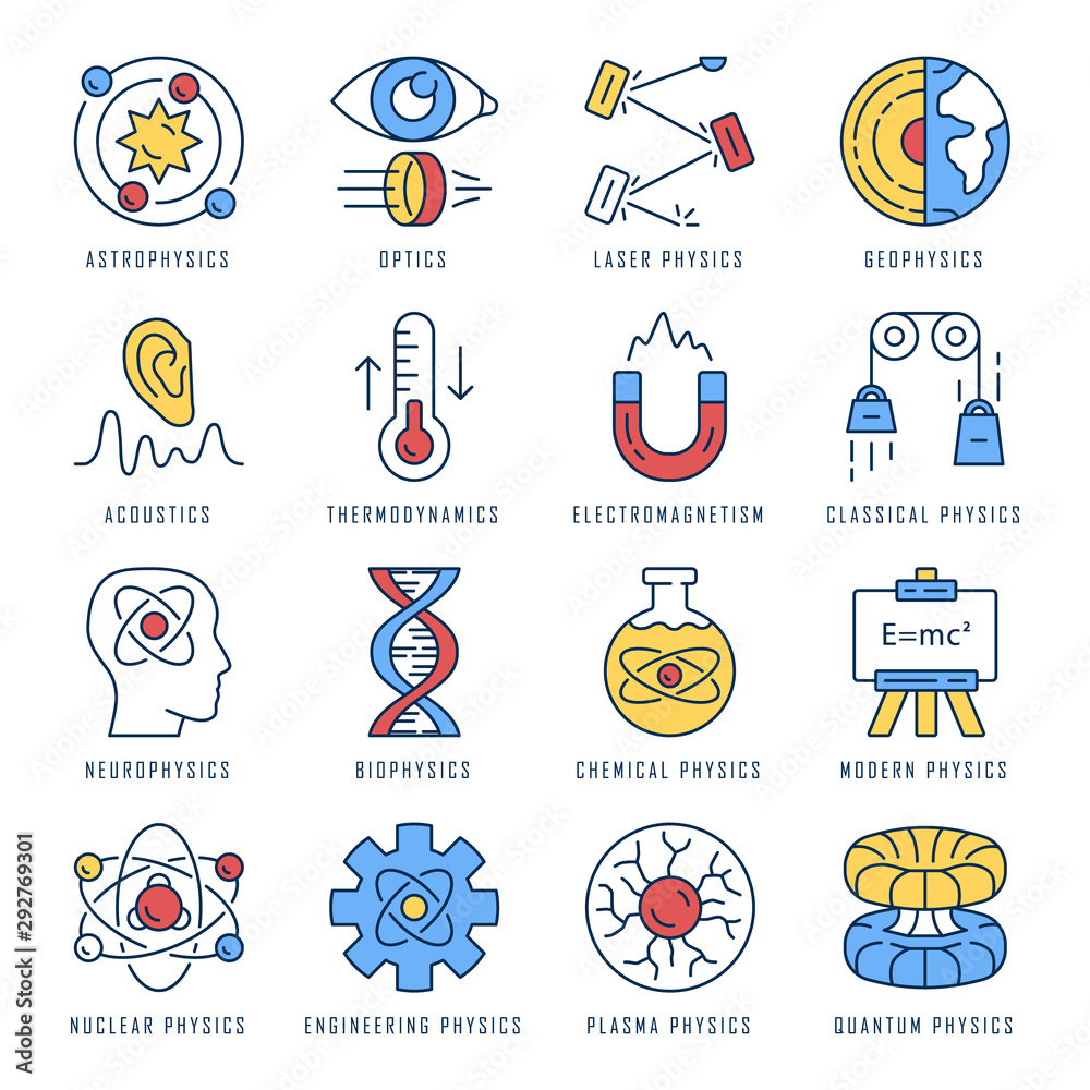 Physics branches color icons set. Physical processes and phenomenons ...