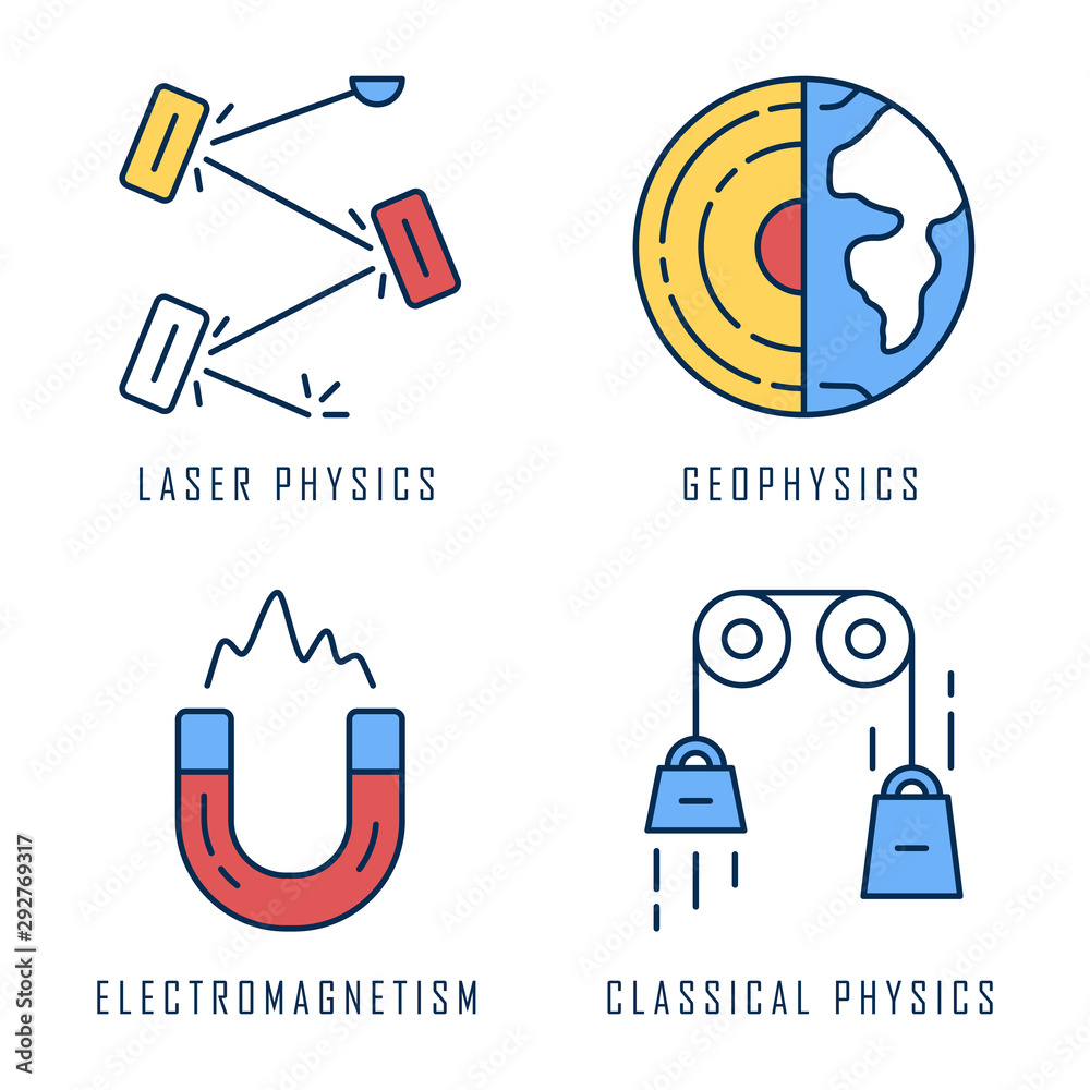 Physics branches color icons set. Laser and classical physics ...