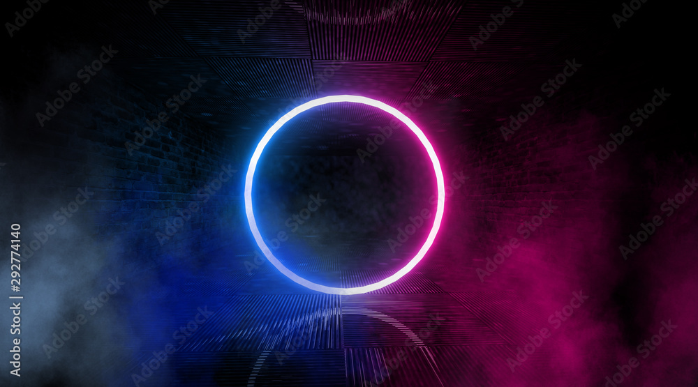 Dark scene, room with neon light beams. Futuristic neon background ...