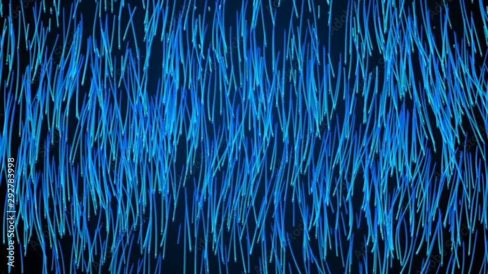 Moving network of lines with long trails in space, effect of drops of the rain, 3d rendering ...