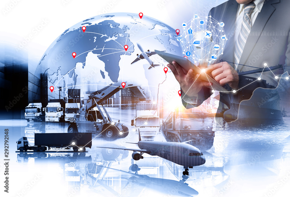 Multiple exposures of Businessman touching tablet for analyze stock at ...