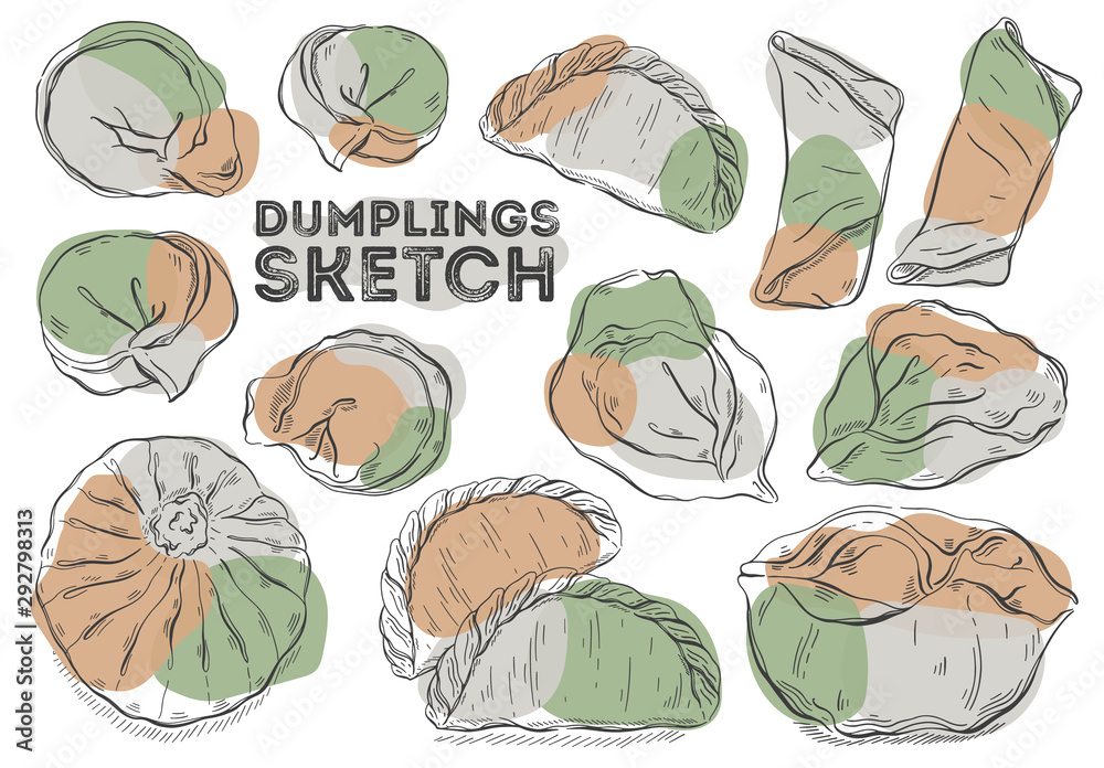 Dumplings sketch set. Hand drawing cuisine. All elements are isolated ...
