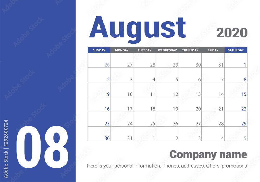 August 2020 calendar. English planner. Сolor vector template. Week ...