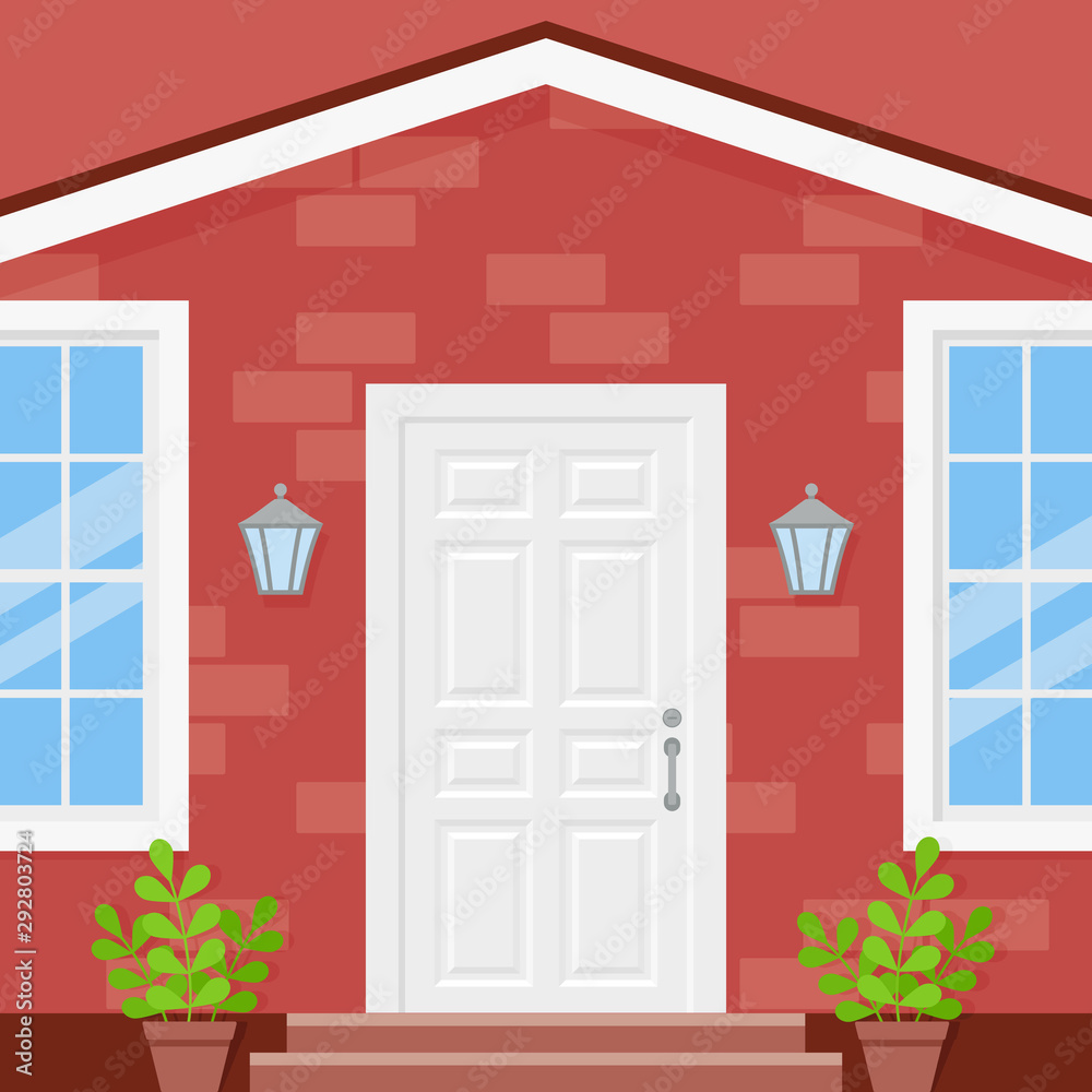 Front door house. Vector. Porch of building. Brick wall facade with ...