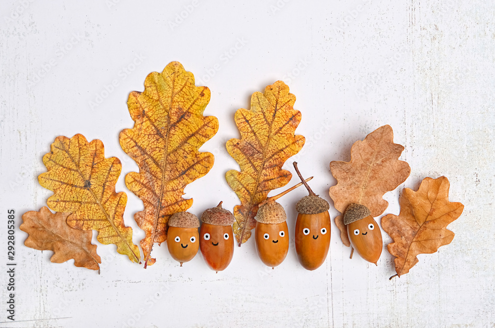 little acorns and oak leaves on white table. funny acorns emotion face ...