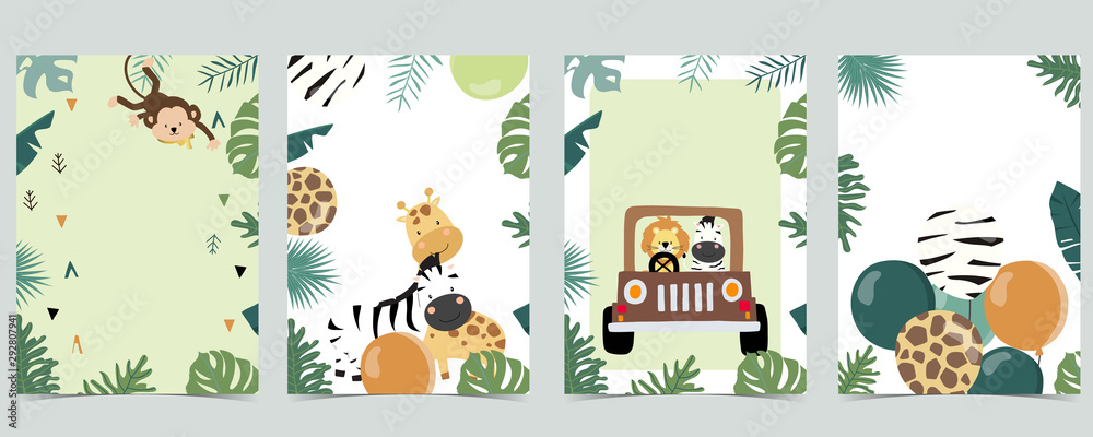 Green animal collection of safari frame set with leaf,leaves vector ...