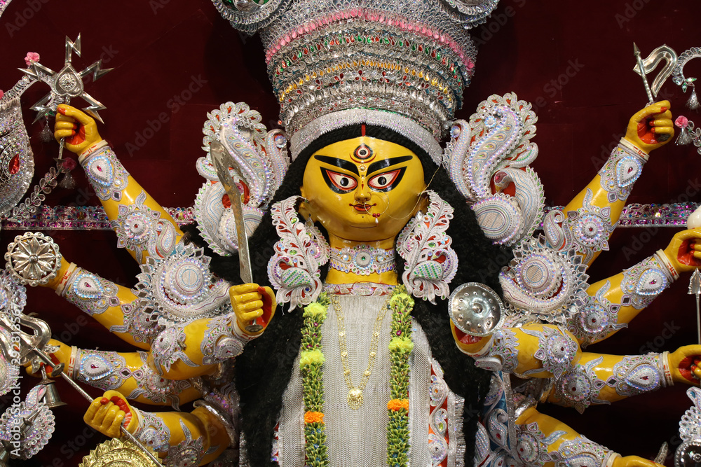 Fototapeta Goddess Durga idol at decorated Durga Puja pandal, shot at ...