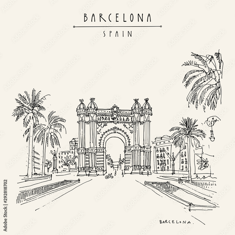 Barcelona, Catalonia, Spain. Arc de Triomf (Triumphal Arch) and palm ...