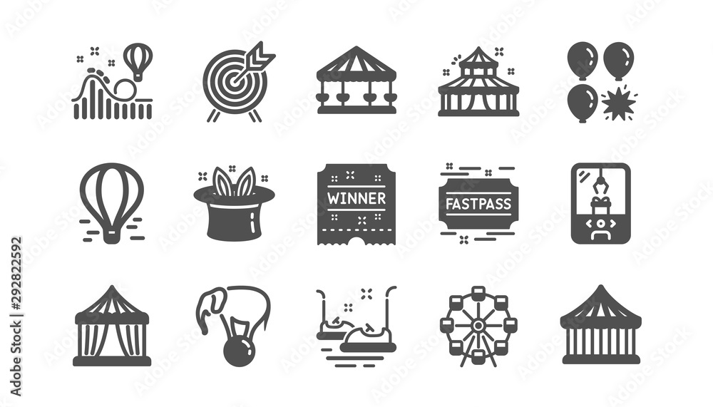 Amusement park icons. Carousel, Roller coaster and Circus. Ferris wheel ...