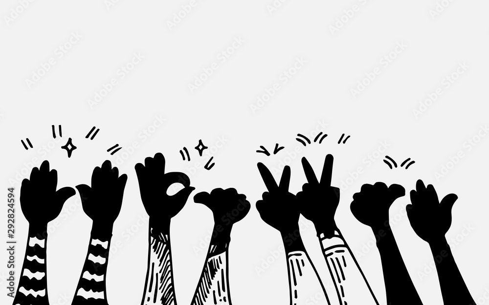 hand drawn of black silhouette of Hands clapping. hands up, applause ...