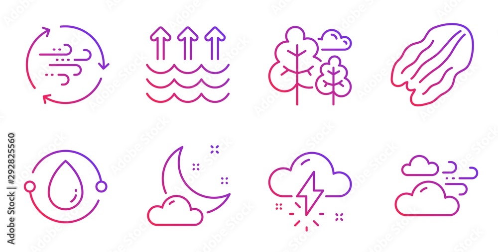 Wind energy, Thunderstorm weather and Evaporation line icons set. Cold ...