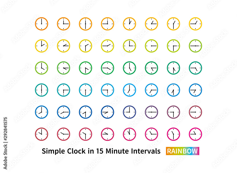 時計 アイコン セット 15分刻み レインボー Simple Clock in 15 Minute Intervals Stock ...