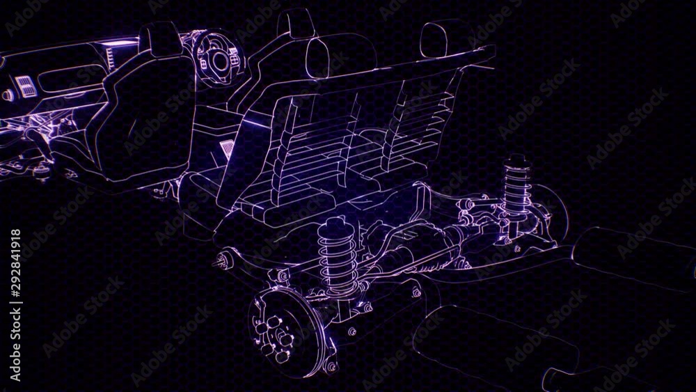Holographic animation of 3D wireframe car model with engine and otter ...