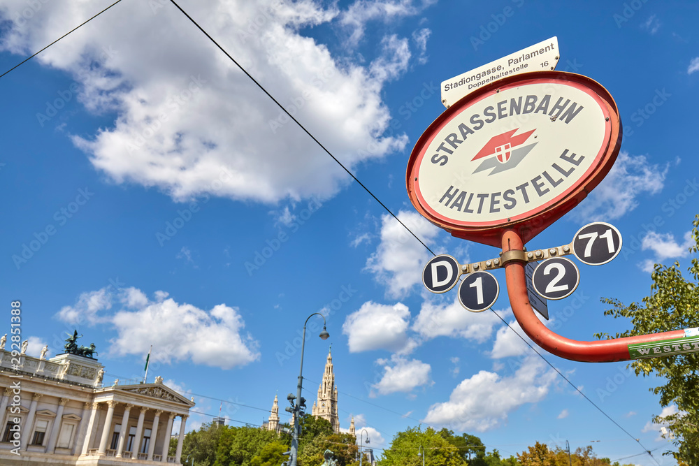 Vienna, Austria - August 14, 2016: Tram stop sign in front of Austrian ...