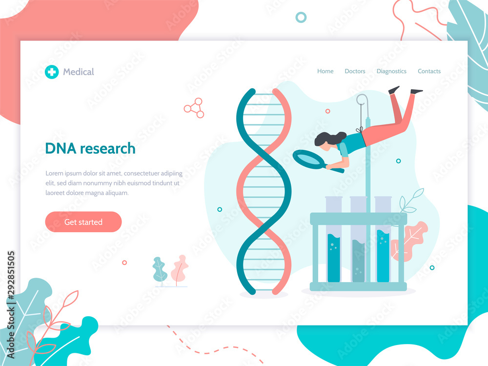 DNA research concept with tiny girl. Web page design template. Flat ...