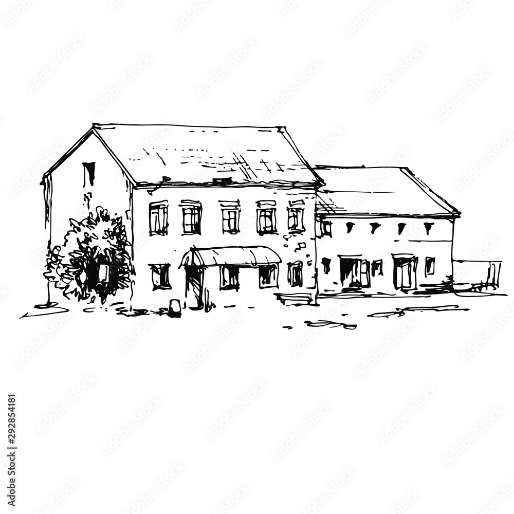 Old stone house hand drawn stock vector illustration. Vintage village ...