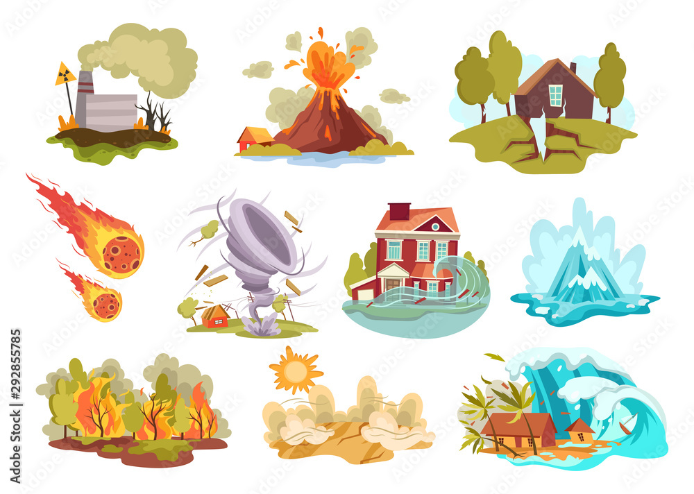 Set of cartoon natural disasters. Collection f cataclysms volcanic ...