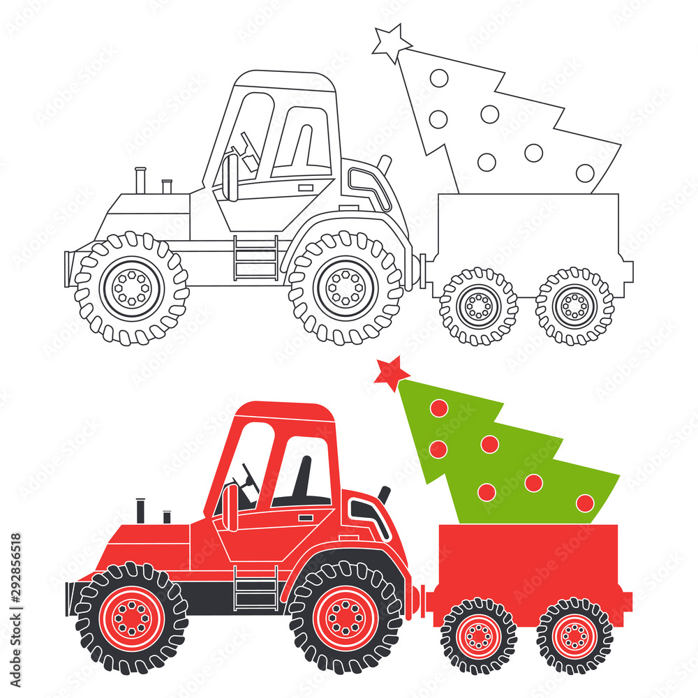 Red tractor with Christmas tree vector cartoon silhouette and coloring ...