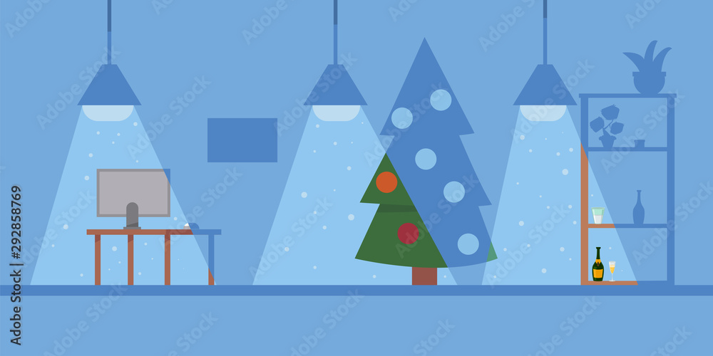 Christmas office background with workplace and decorated xmas tree ...