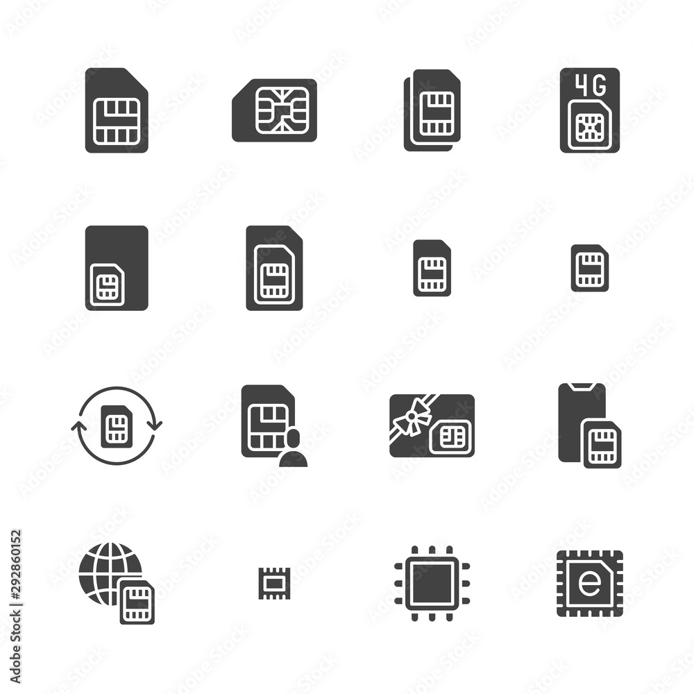 Sim card flat glyph icons set. Micro, nano simcard, new eSim technology ...