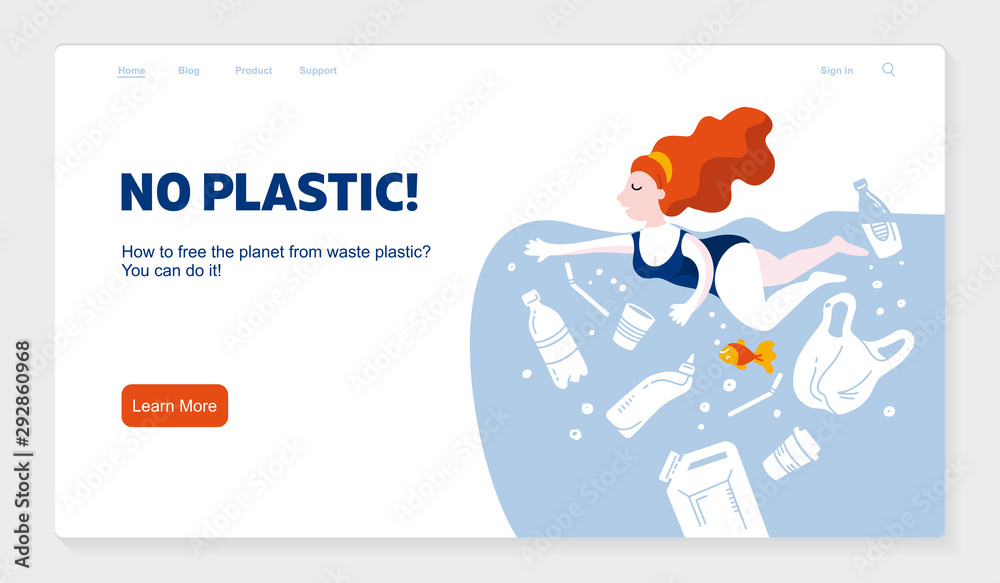 No plastic! Vector flat illustration for World Environment Day. A woman ...