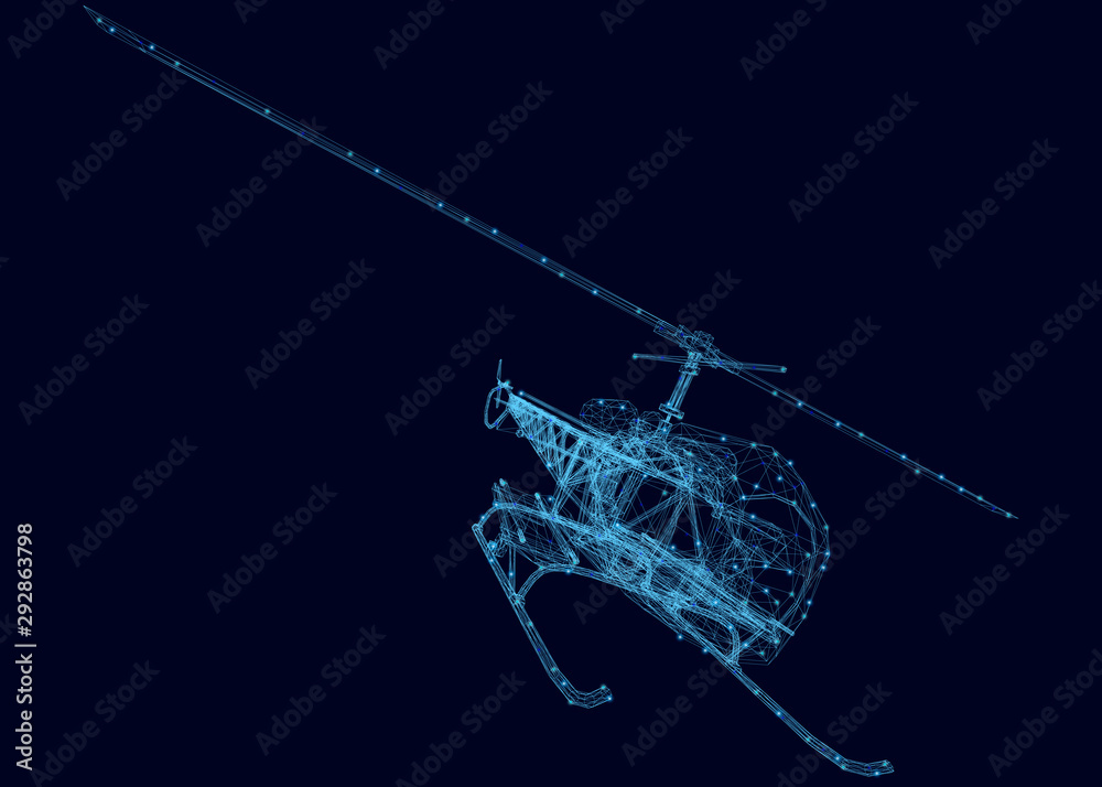 Wireframe of a double helicopter of blue lines on a dark background ...