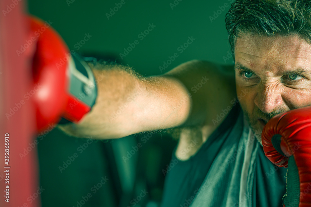 gym workout portrait of attractive and fierce looking boxer man 30s to ...