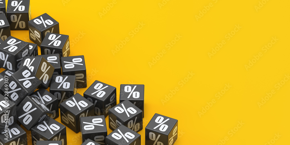 Black cubes percent us yellow background. 3d render illustration. Stock ...
