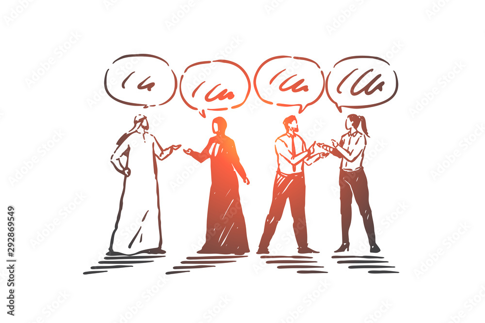 Communication, interaction, teamwork concept sketch. Hand drawn ...