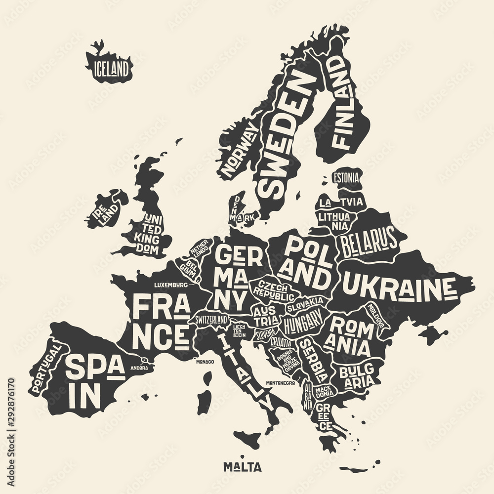 Europe, map. Poster map of the Europe with country names Stock Vector ...
