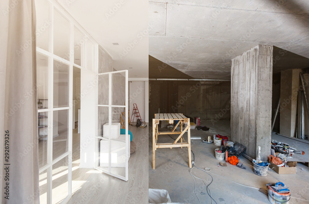 flat renovation, empty room before and after refurbishment old and new ...