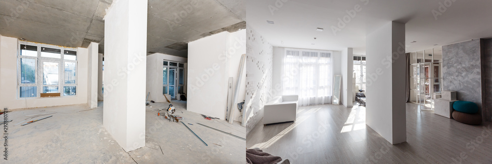 Newly renovated generic empty office space with leftover materials and ...