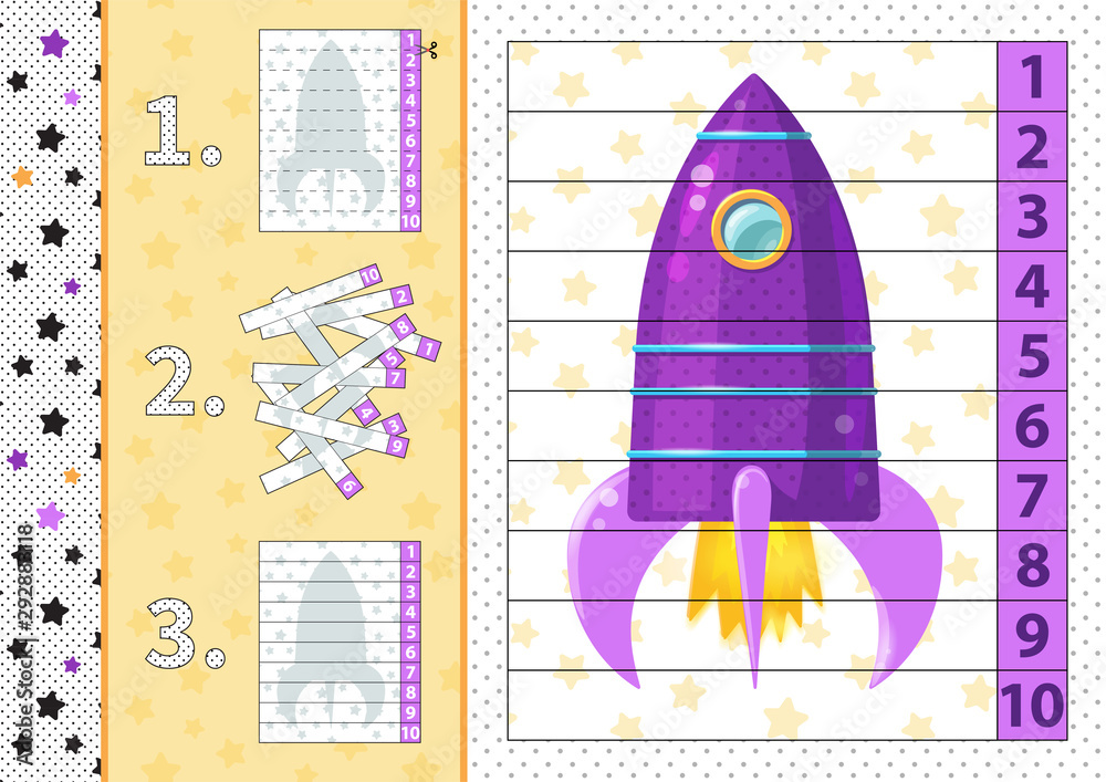 Counting number puzzle with cartoon rocket. From 1 to 10. Cut and ...