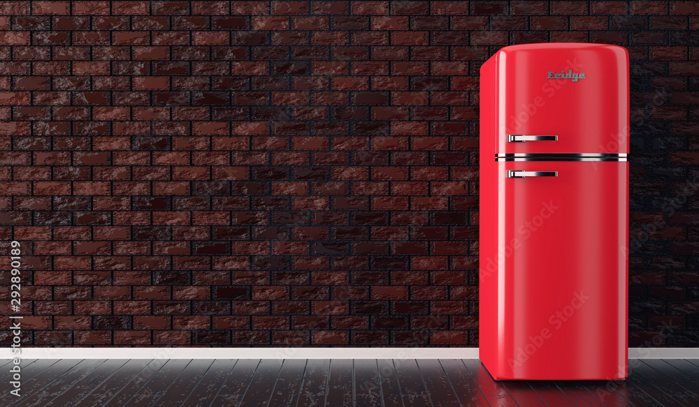 Foto de red fridge fire extinguisher on brick wall and wood floor do ...