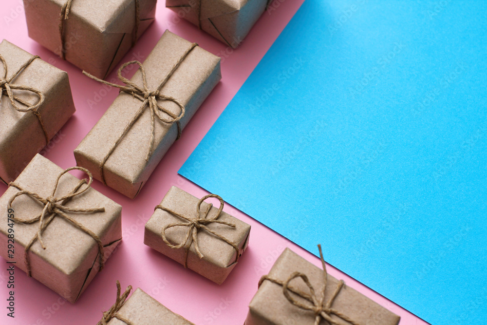 Gender determination day concept. Set of gift boxes. Pink and blue ...