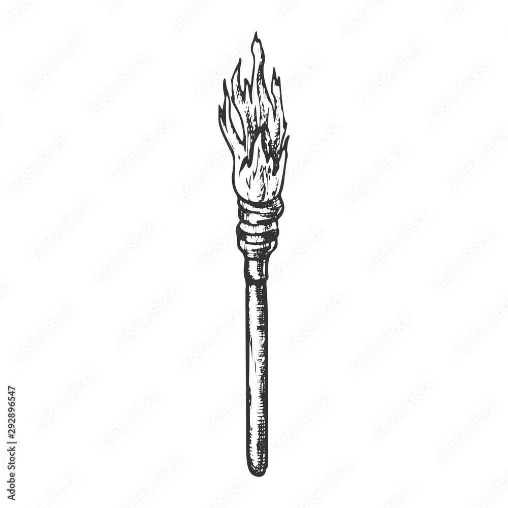 Torch Decorative Wooden Stick With Fire Ink Vector. Aged Flaming Torch ...
